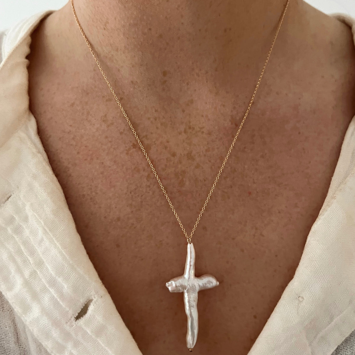 XL PEARL CROSS ON CHAIN NECKLACE – ALV Jewels