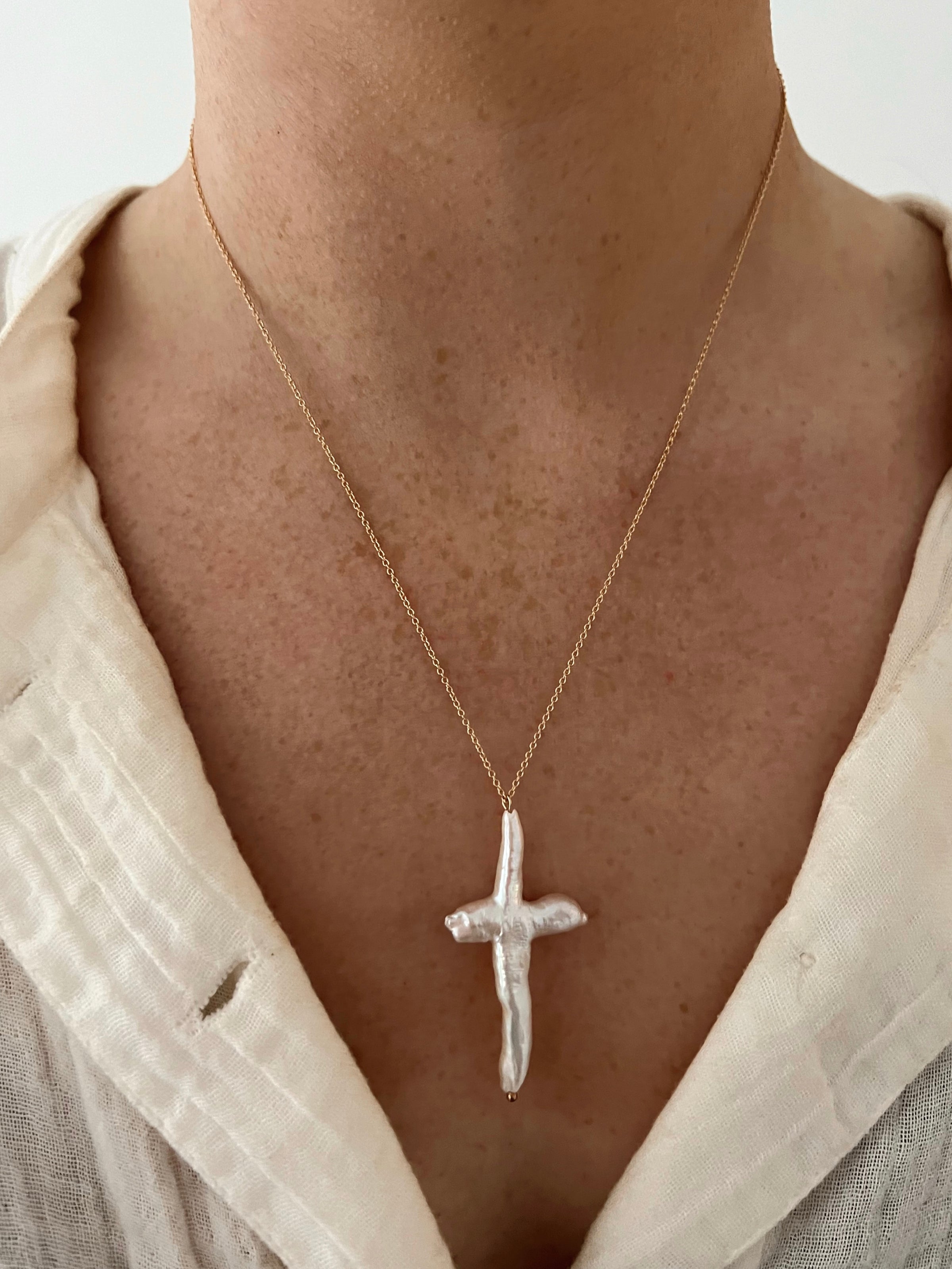 XL PEARL CROSS ON CHAIN NECKLACE – ALV Jewels